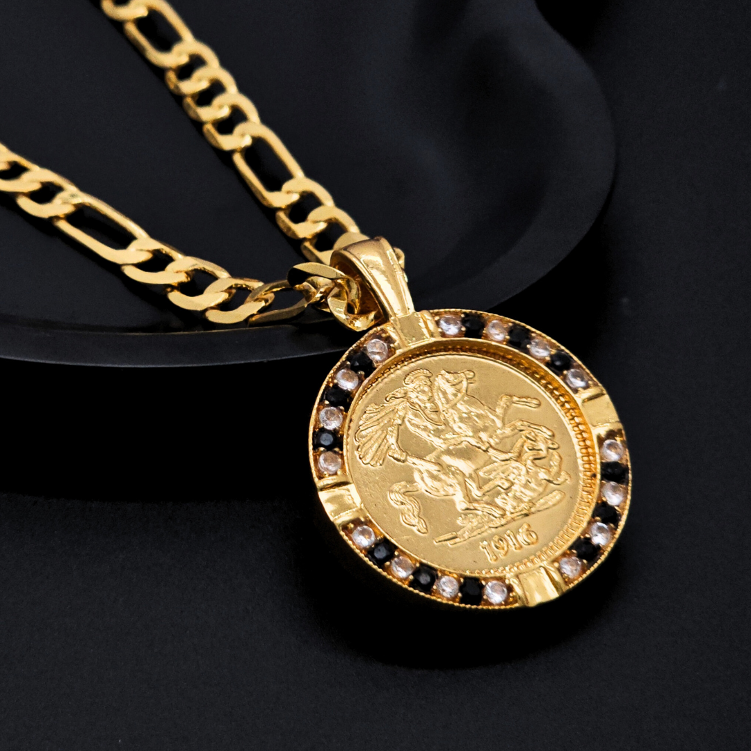 Gold Filled Tarnish Proof Sovereign Pendant with Black Stones & CZ – Jadiez